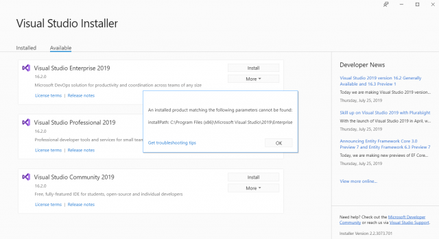 visual-studio - Visual Studio安装程序缺少选项值: InstallPath - Visual Studio 2019 | 安装